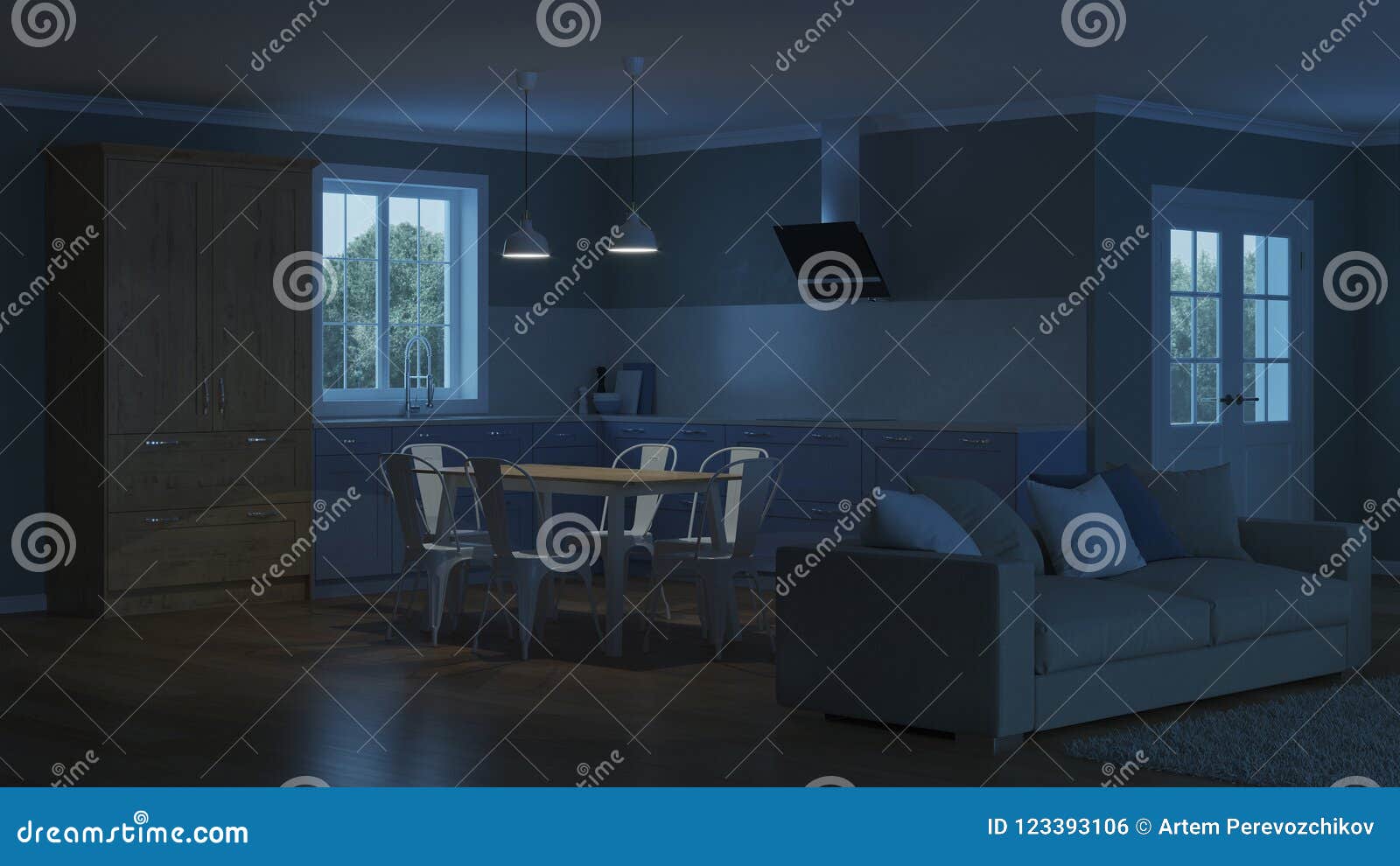 Modern House Interior. Night. Evening Lighting Stock Illustration ...