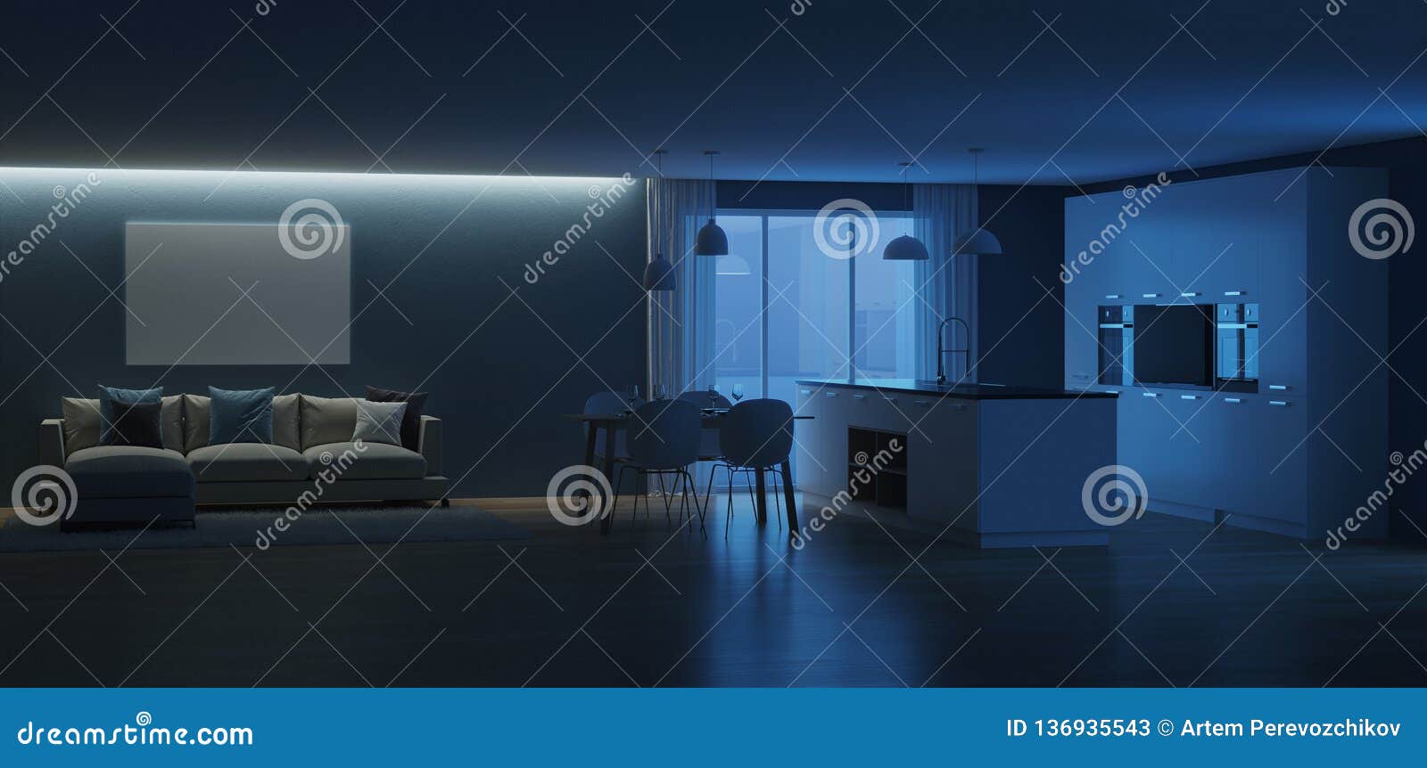 Modern House Interior. Night. Evening Lighting Stock Image - Image of ...
