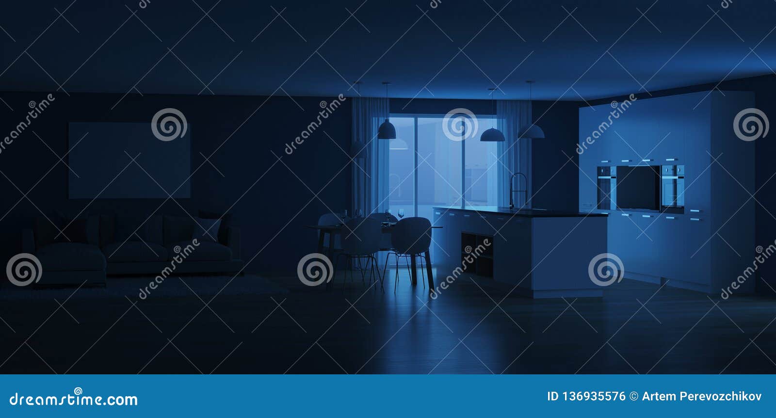 Modern House Interior. Night. Evening Lighting Stock Illustration ...