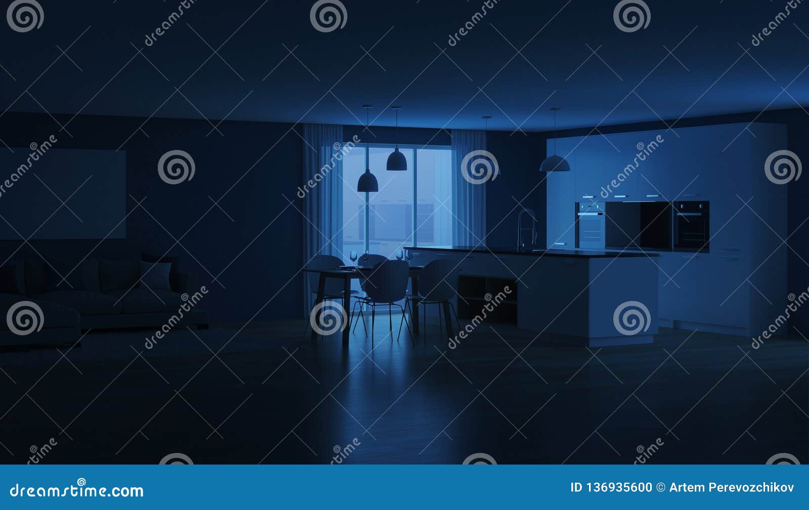 Modern House Interior. Night. Evening Lighting Stock Illustration ...