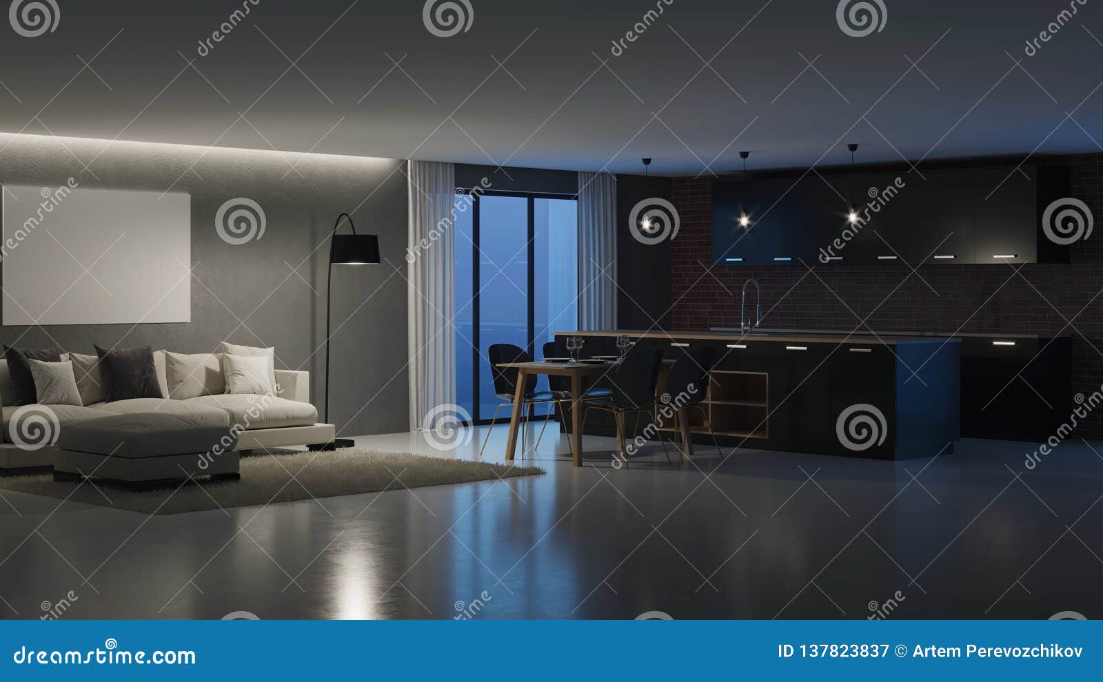 Modern House Interior. Night. Evening Lighting Stock Illustration ...