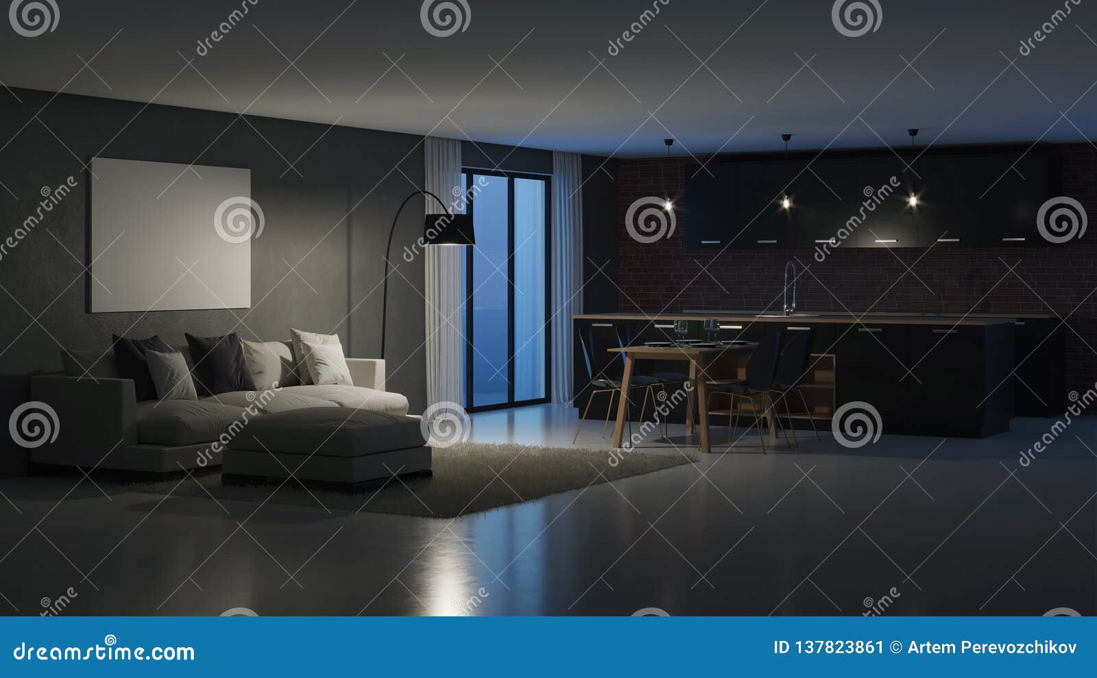Modern House Interior. Night. Evening Lighting Stock Illustration ...