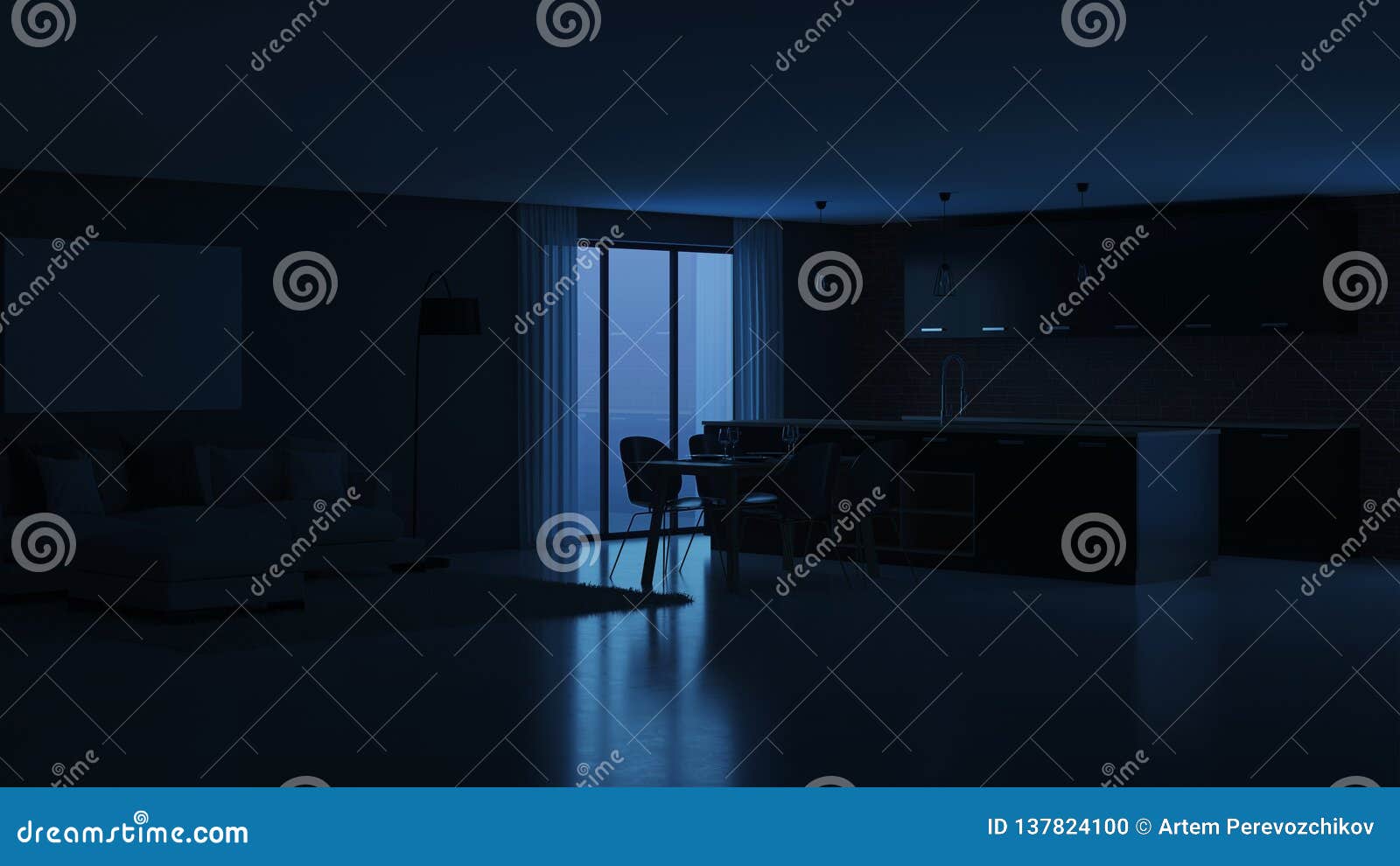 Modern House Interior. Night. Evening Lighting Stock Illustration ...