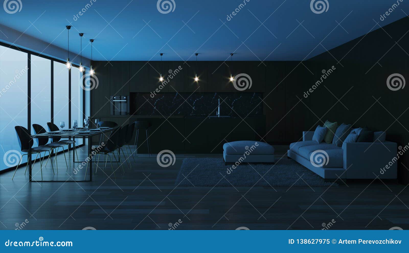 Modern House Interior. Night. Evening Lighting Stock Image - Image of ...