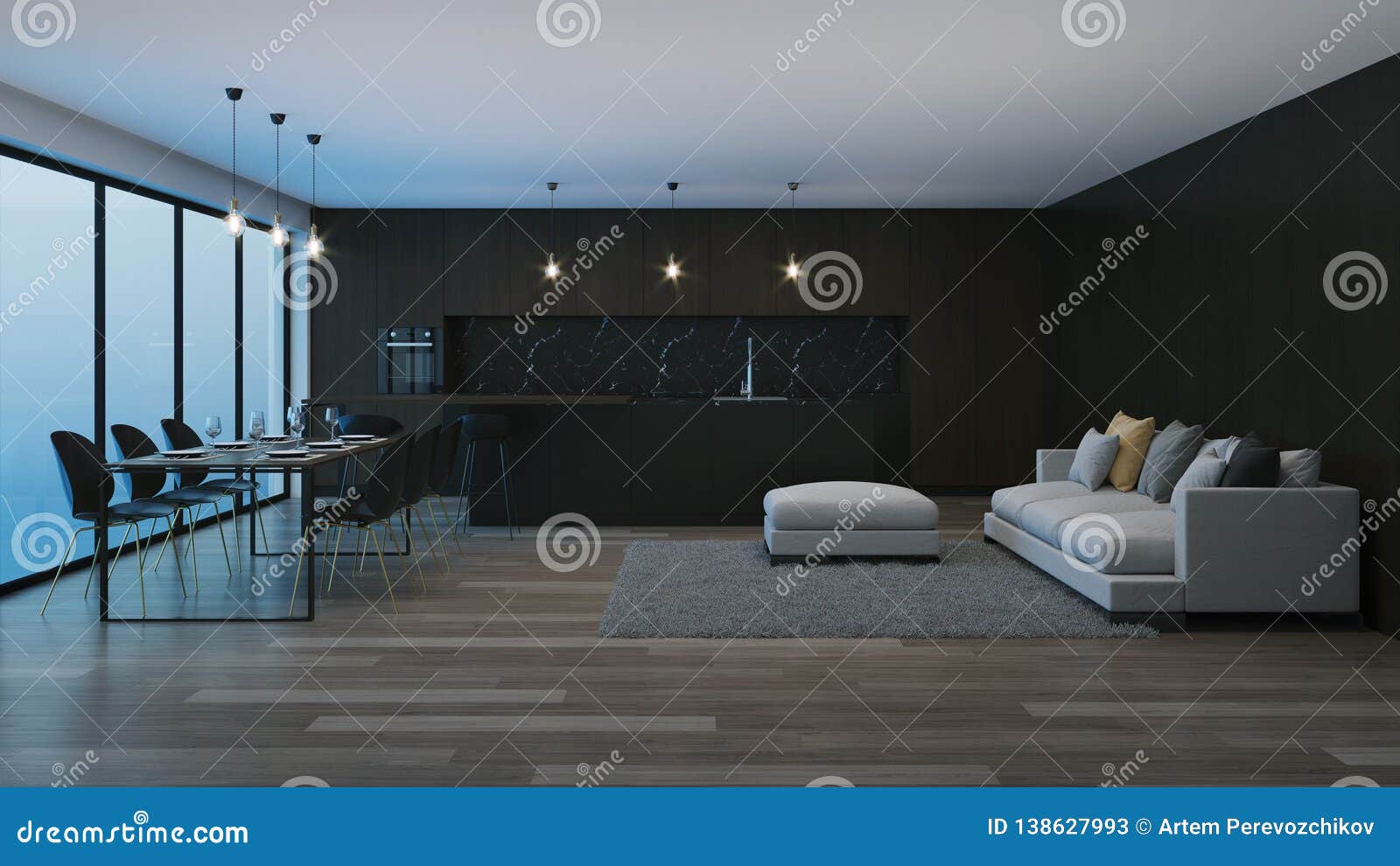 Modern House Interior. Night. Evening Lighting Stock Image - Image of ...