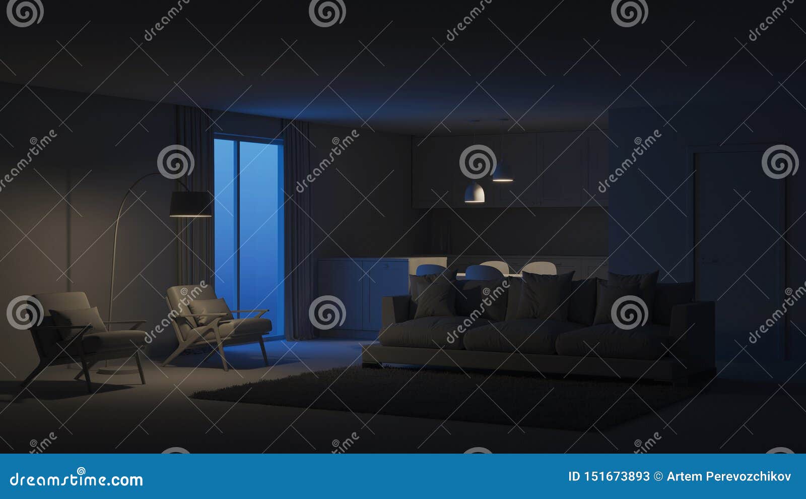 Modern House Interior. Night. Evening Lighting Stock Illustration ...