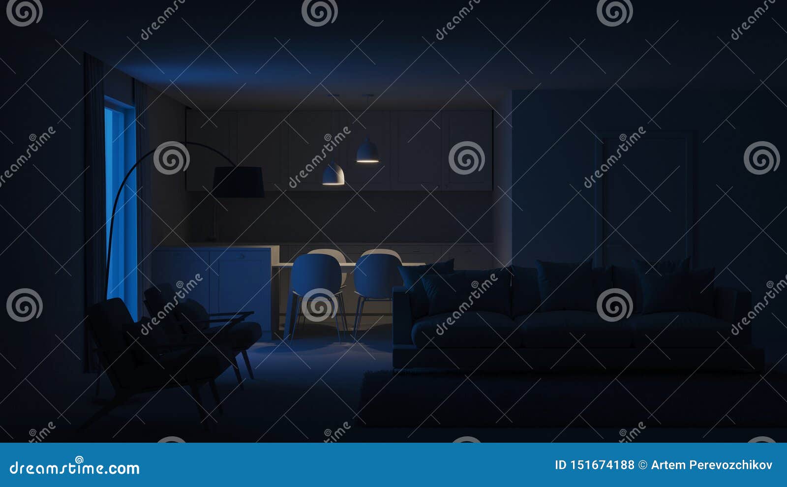 Modern House Interior. Night. Evening Lighting Stock Illustration ...