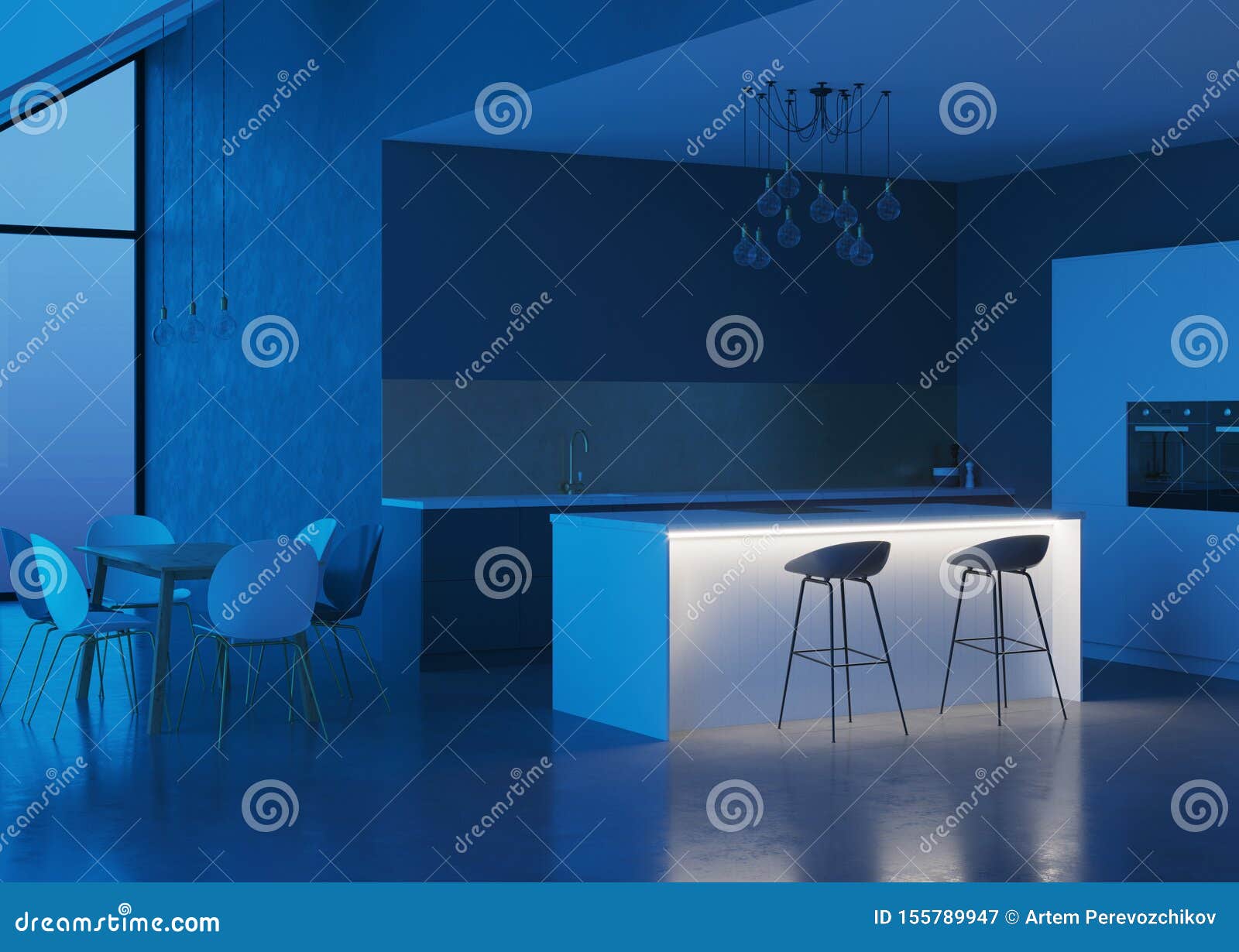 Modern House Interior. Night. Evening Lighting Stock Illustration ...