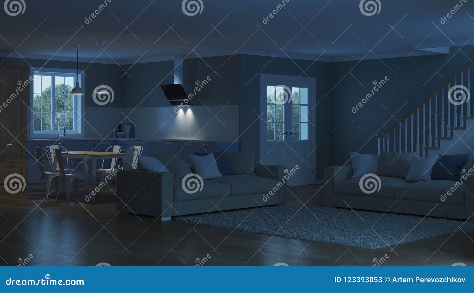 Modern House Interior. Night. Evening Lighting Stock Illustration ...