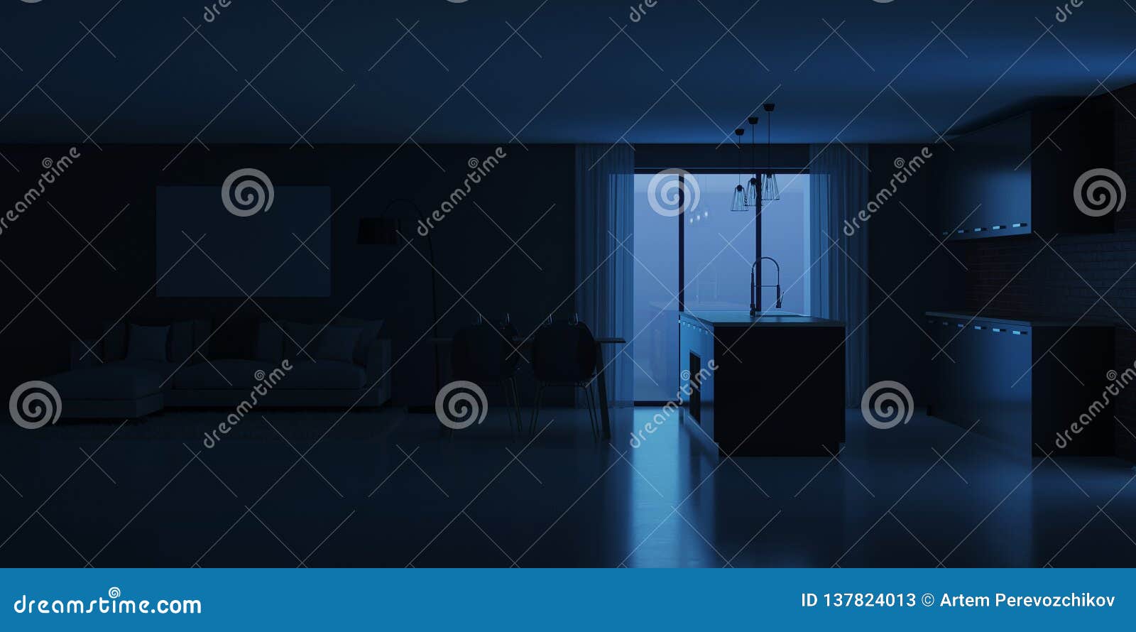 Modern House Interior. Night. Evening Lighting Stock Illustration ...