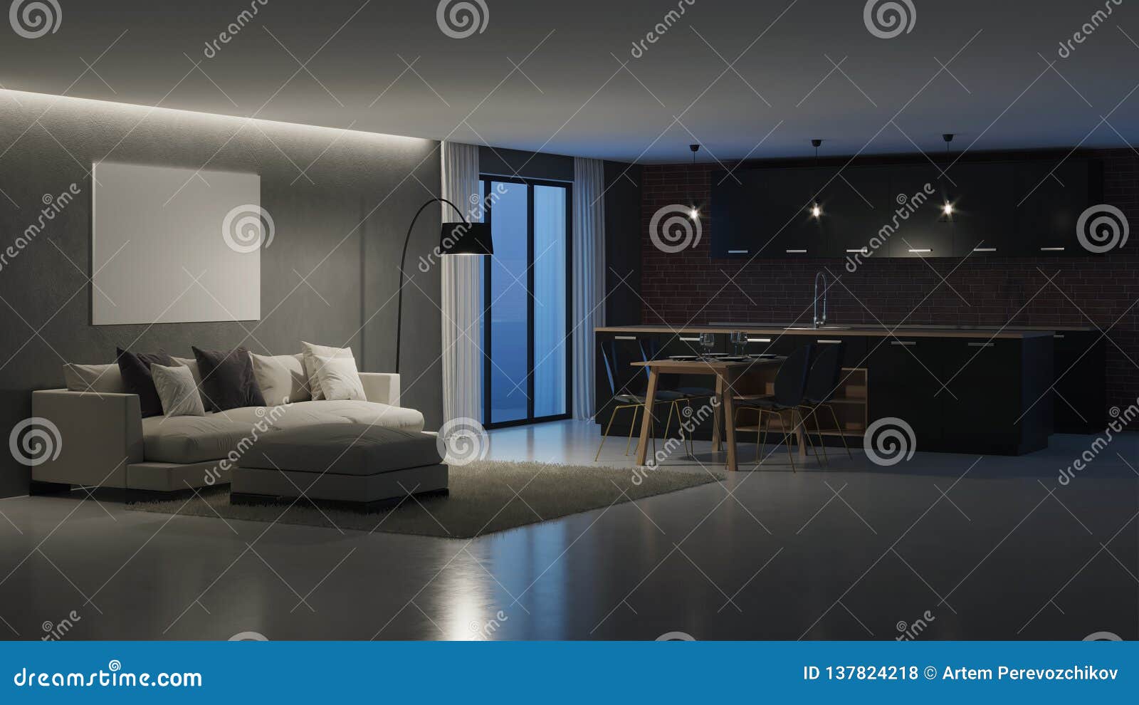 Modern House Interior. Night. Evening Lighting Stock Illustration ...