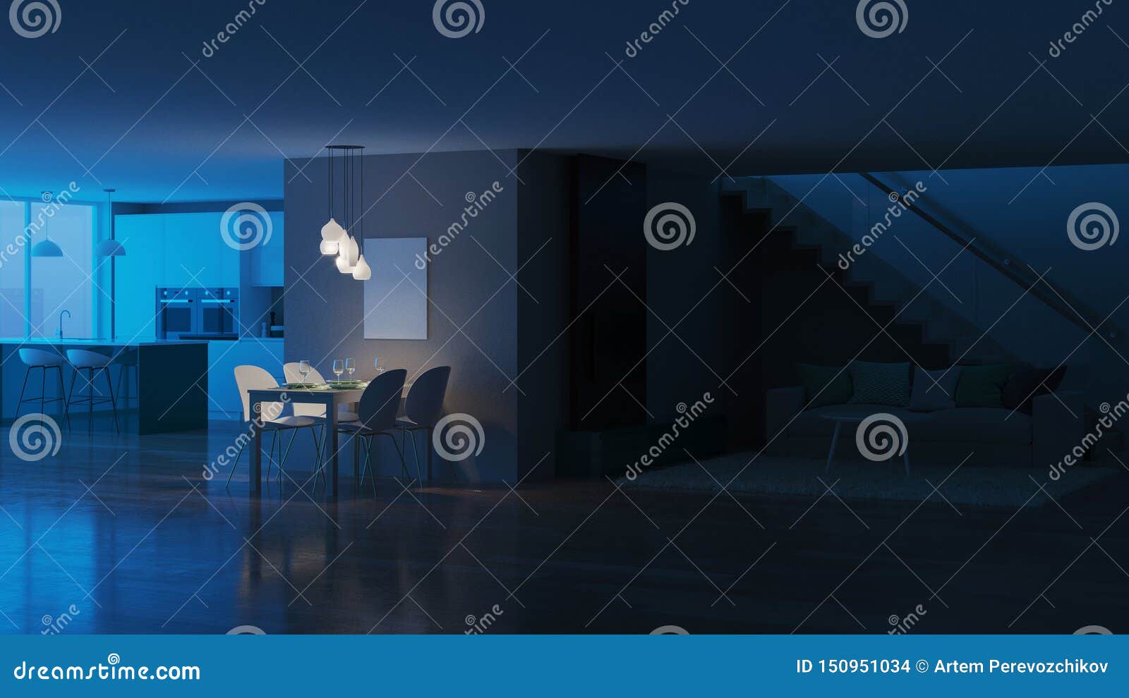 Modern House Interior. Night. Evening Lighting Stock Illustration ...