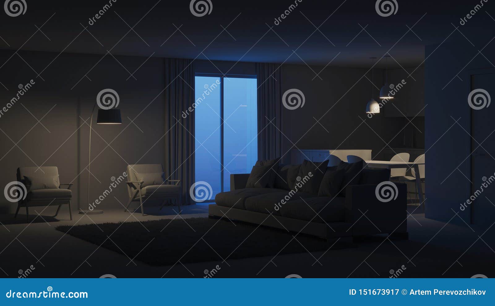 Modern House Interior. Night. Evening Lighting Stock Illustration ...