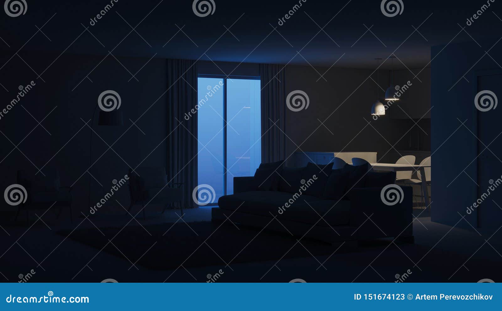 Modern House Interior. Night. Evening Lighting Stock Illustration ...