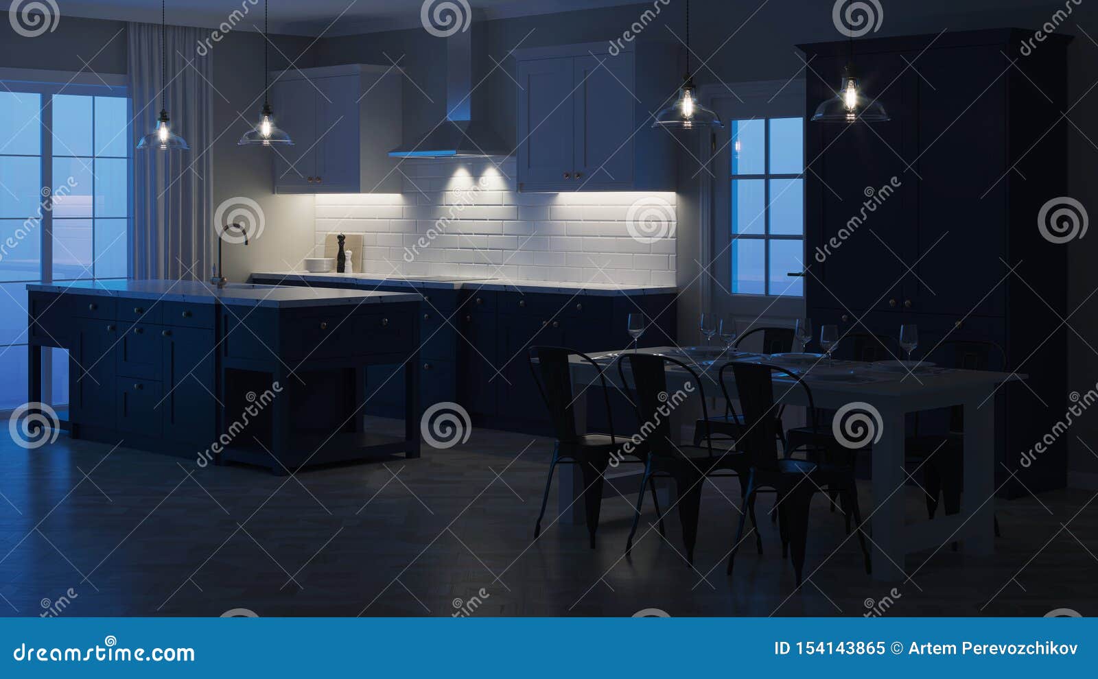 Modern House Interior. Night. Evening Lighting Stock Illustration ...