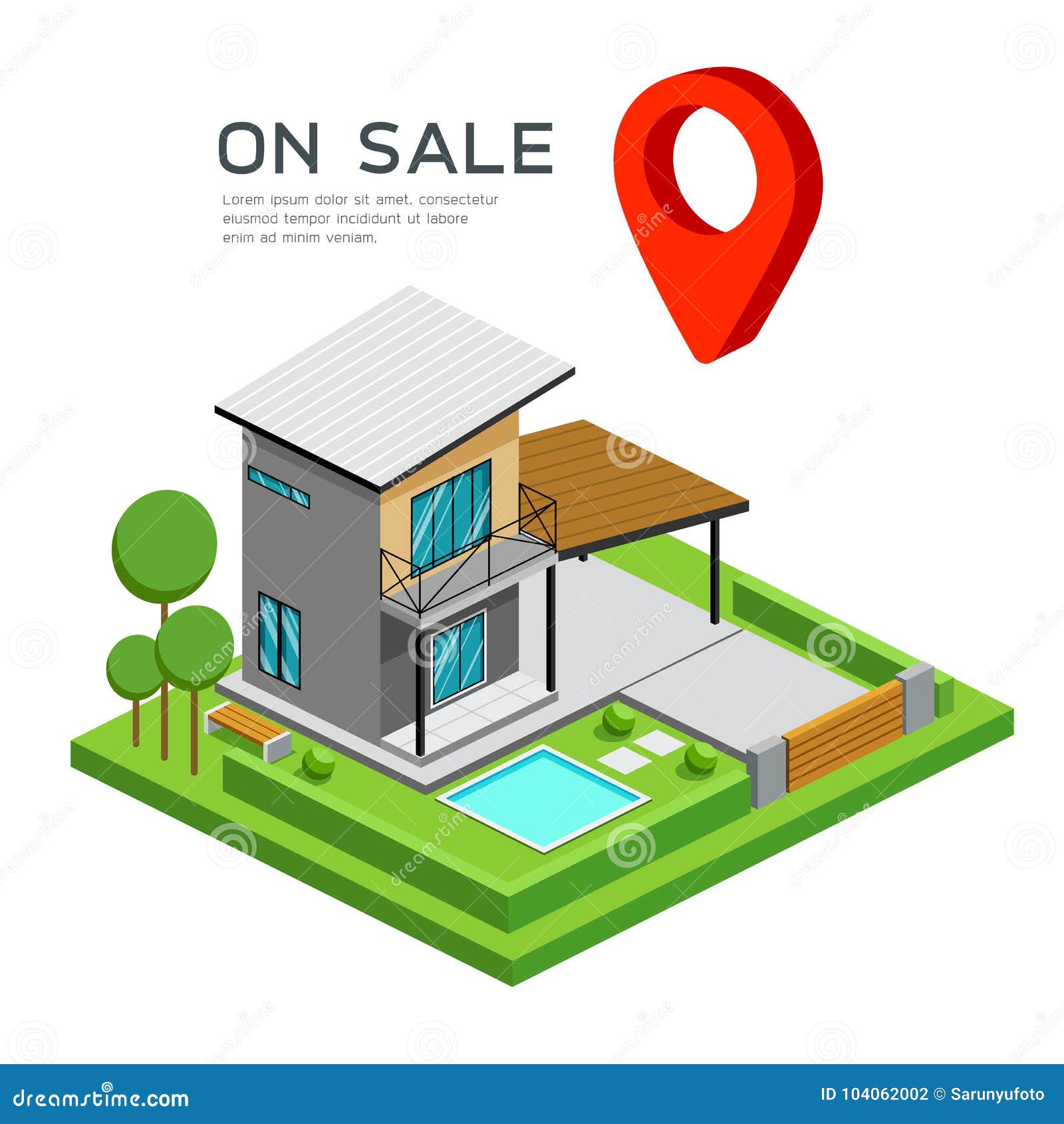 Modern House Isometric with Red Point Map, on Sale Stock Vector ...