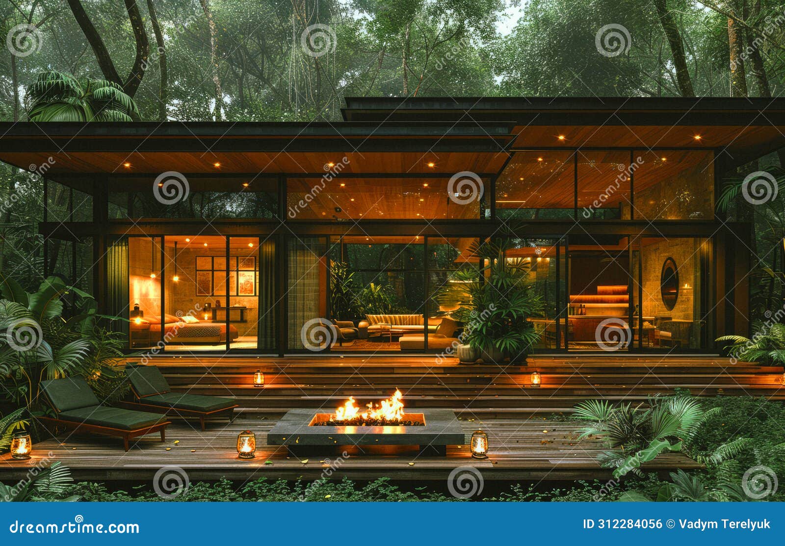 Modern House in the Jungle with Fire Pit Stock Photo - Image of nature ...