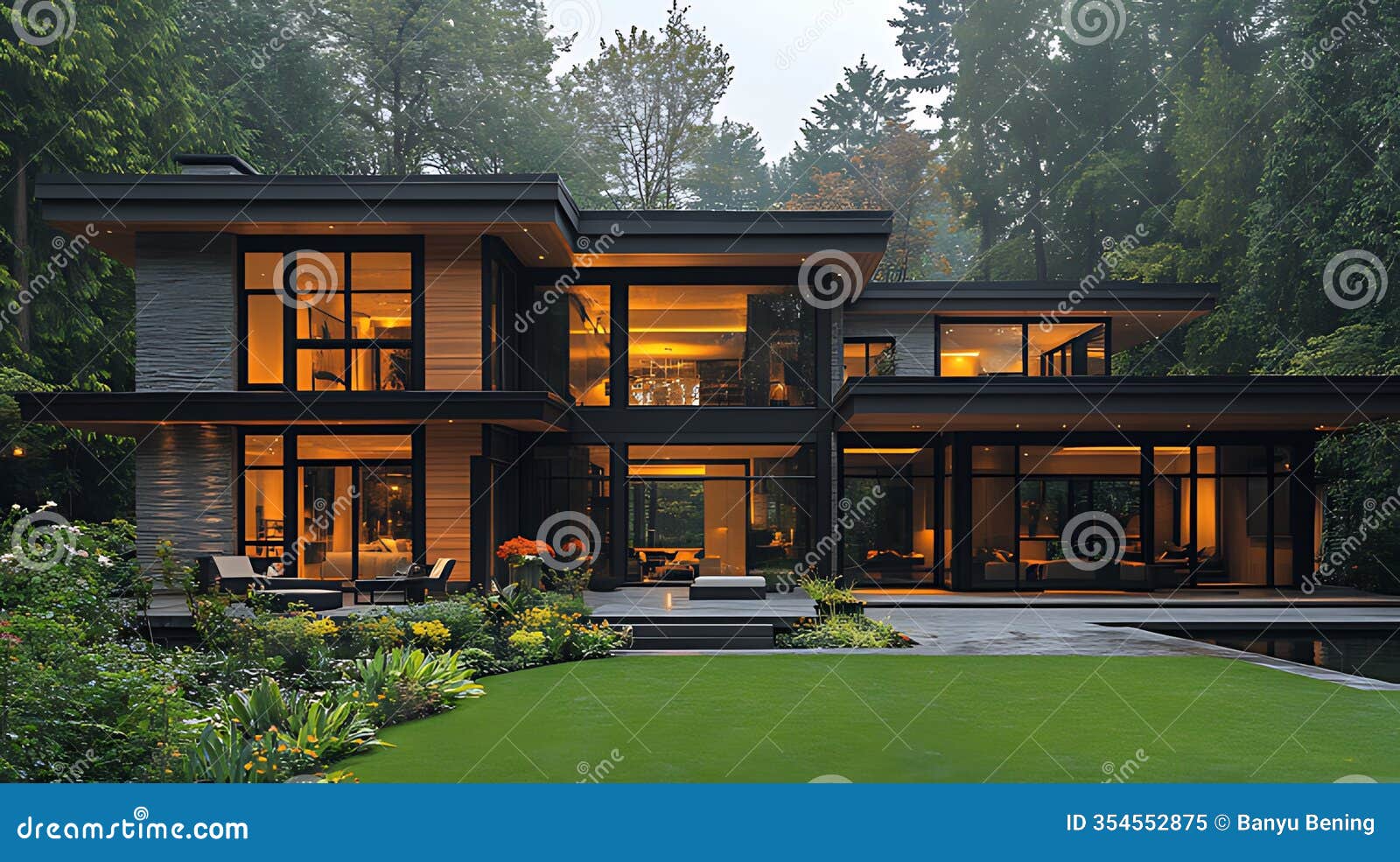 Modern House with Large Windows, Lit Interior, and Landscaped Yard at ...