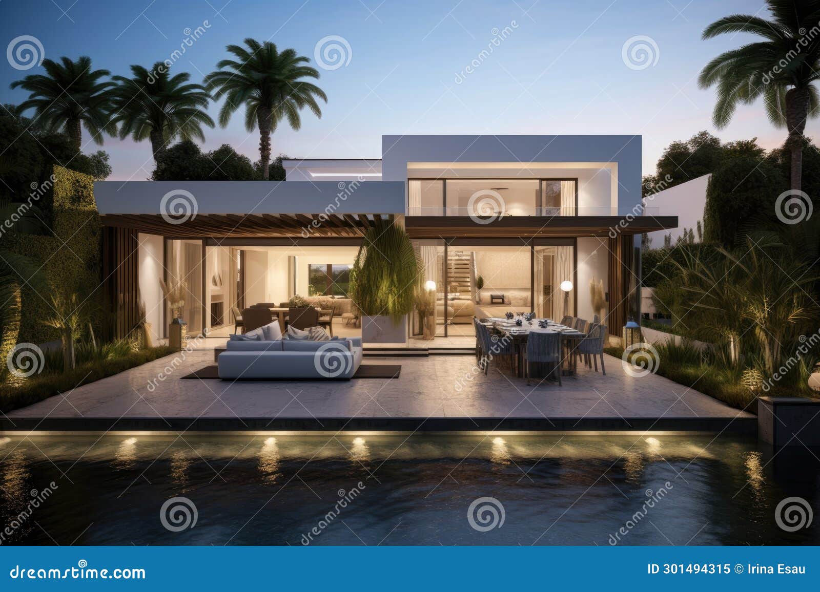 Modern House with Large Windows and Terrace Stock Image - Image of ...