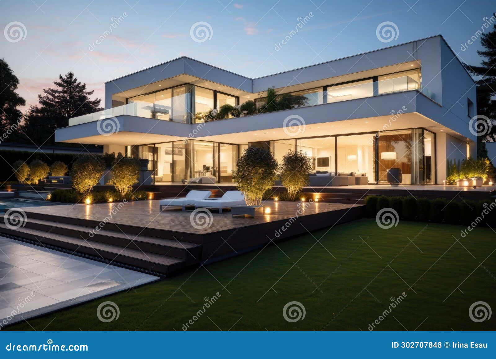 Modern House with Large Windows and Terrace Stock Photo - Image of ...