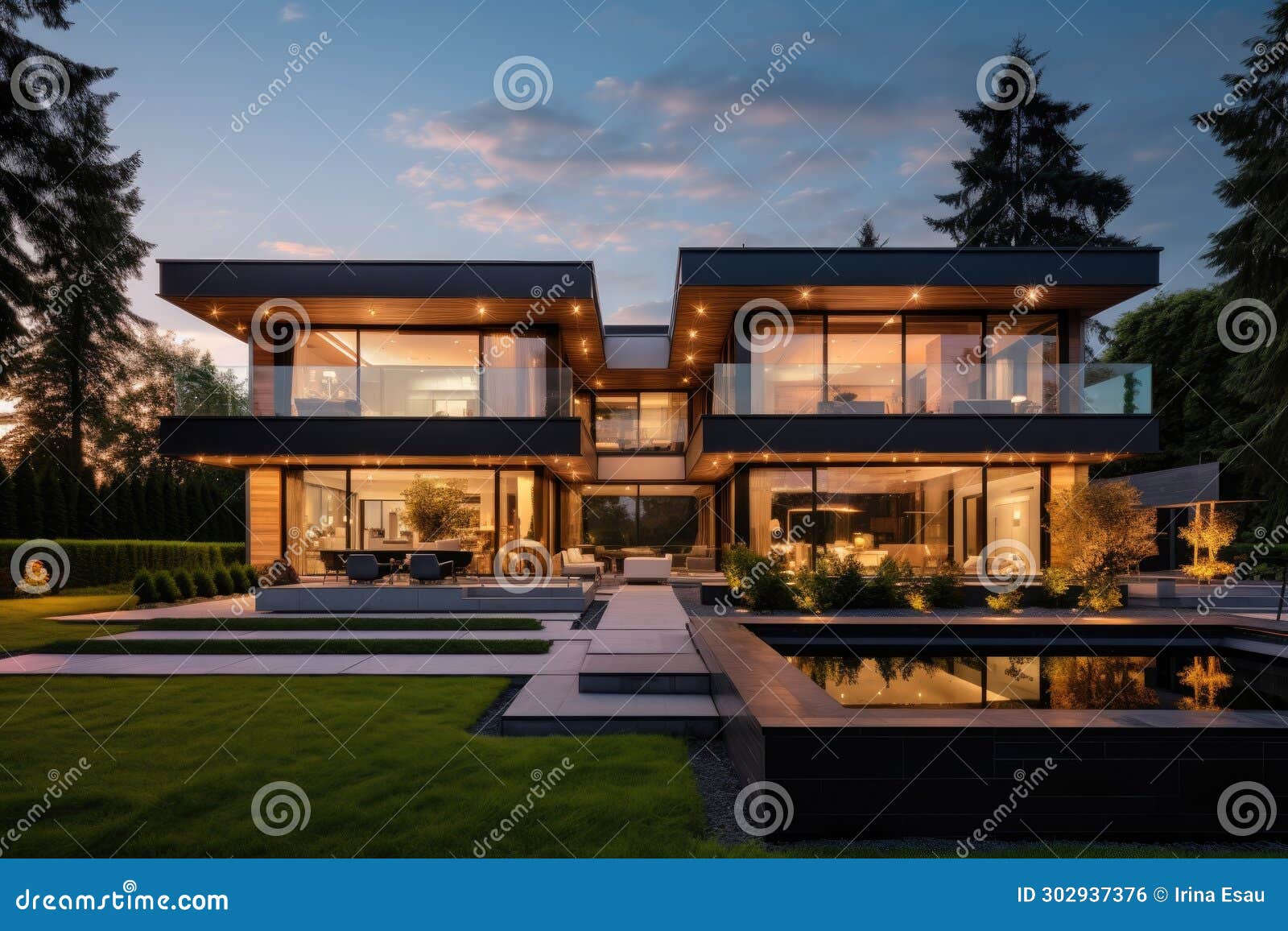 Modern House with Large Windows and Terrace Stock Photo - Image of ...