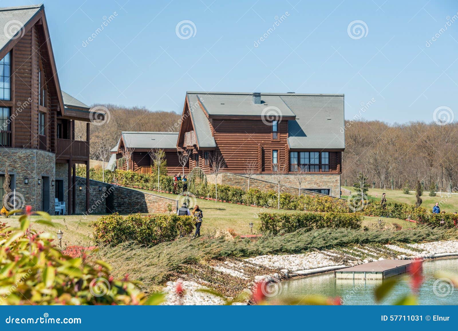 Modern House Near Water on Bright Day Stock Image - Image of houses ...