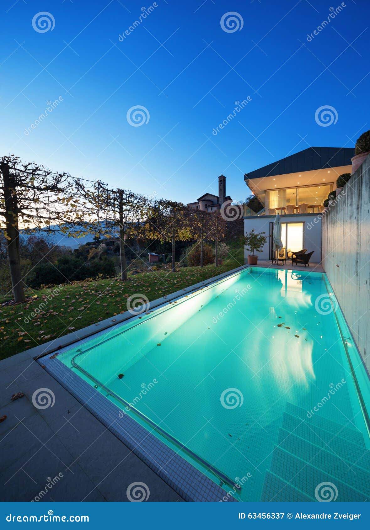 Modern house by night stock image. Image of garden, blue - 63456337