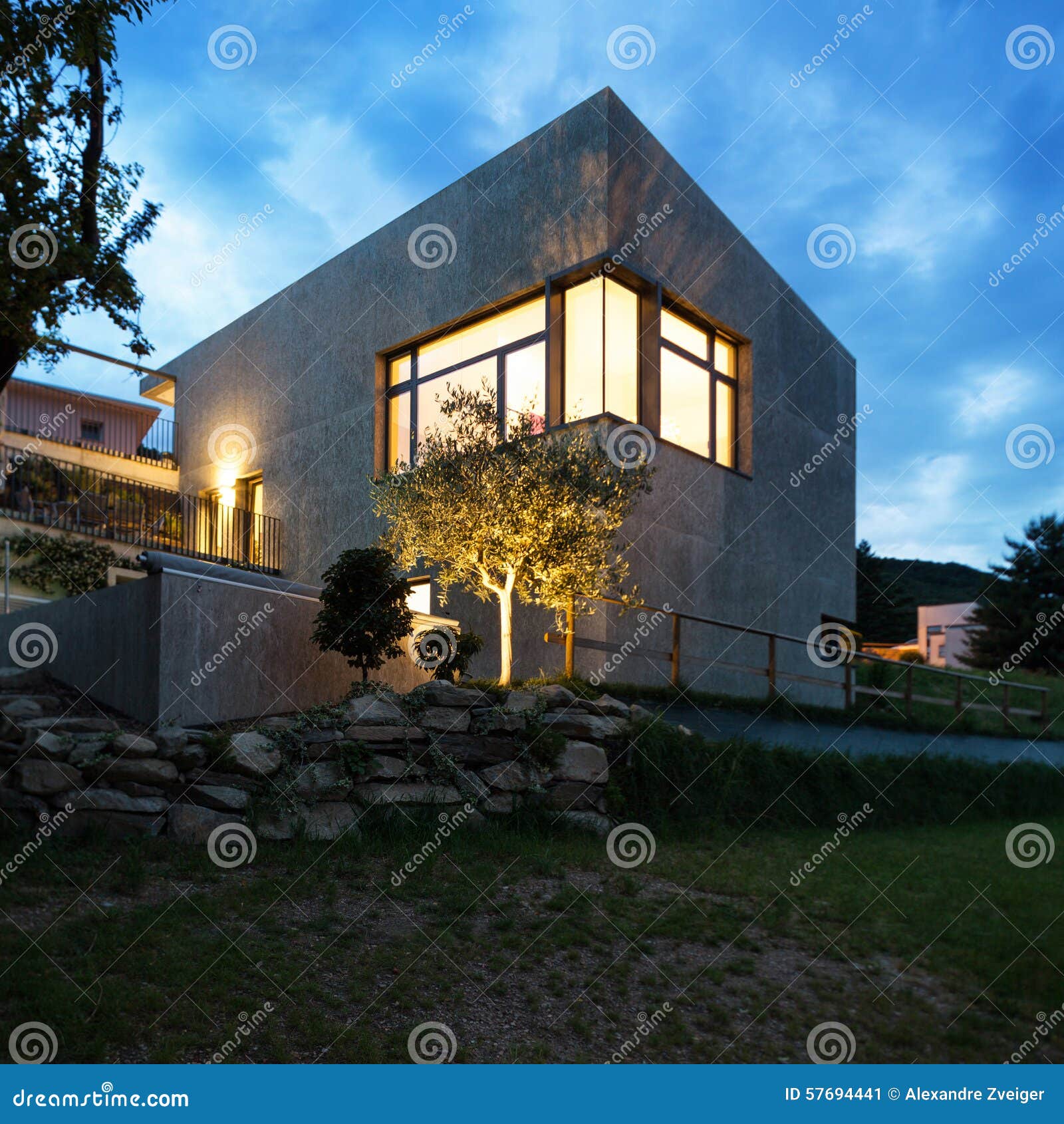 Modern house by night stock image. Image of concrete - 57694441