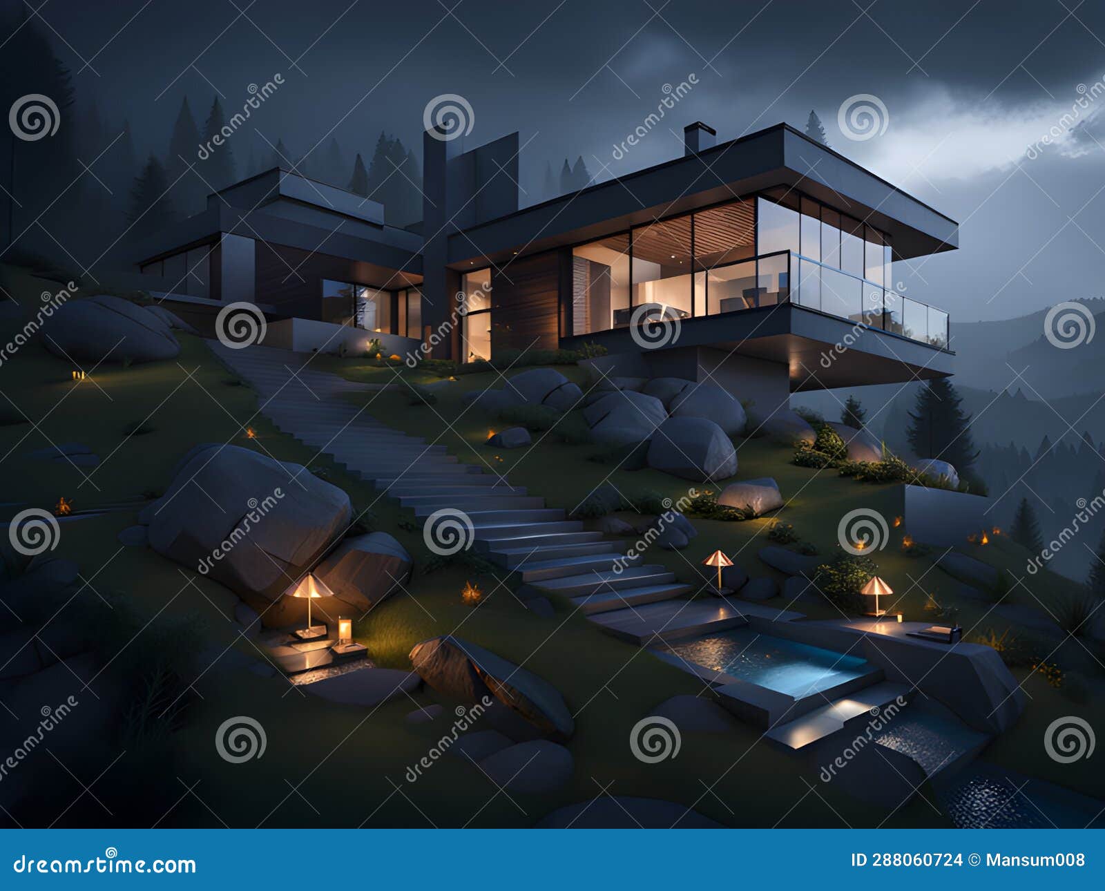 Modern House in Night with Fog, Night View, Ai Generated Stock ...
