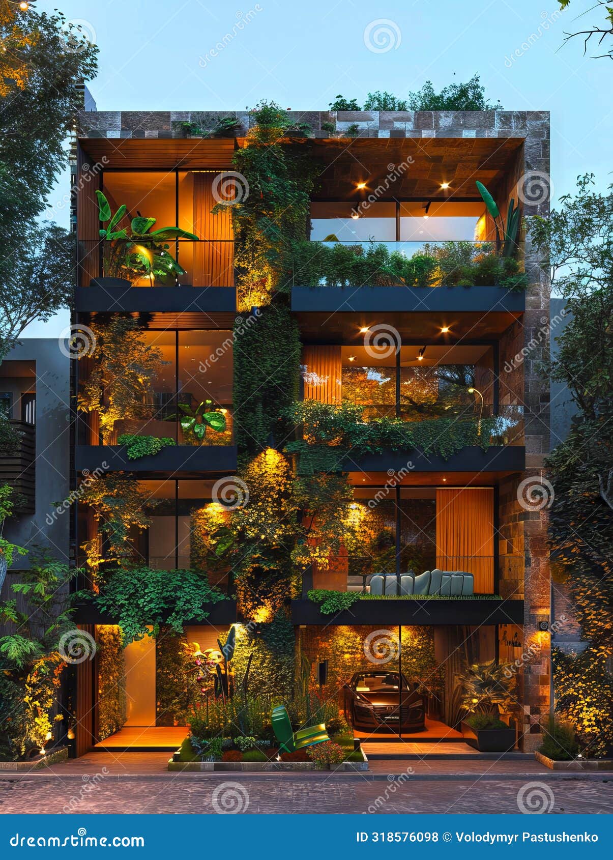 A Modern House with Plants and Trees on the Facade Stock Photo - Image ...
