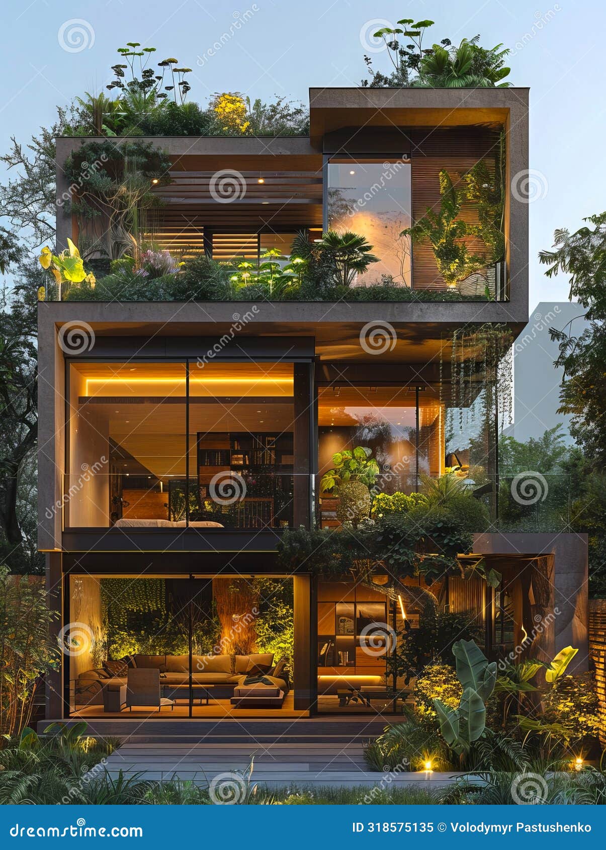 A Modern House with Plants and Trees on the Roof Stock Image - Image of ...
