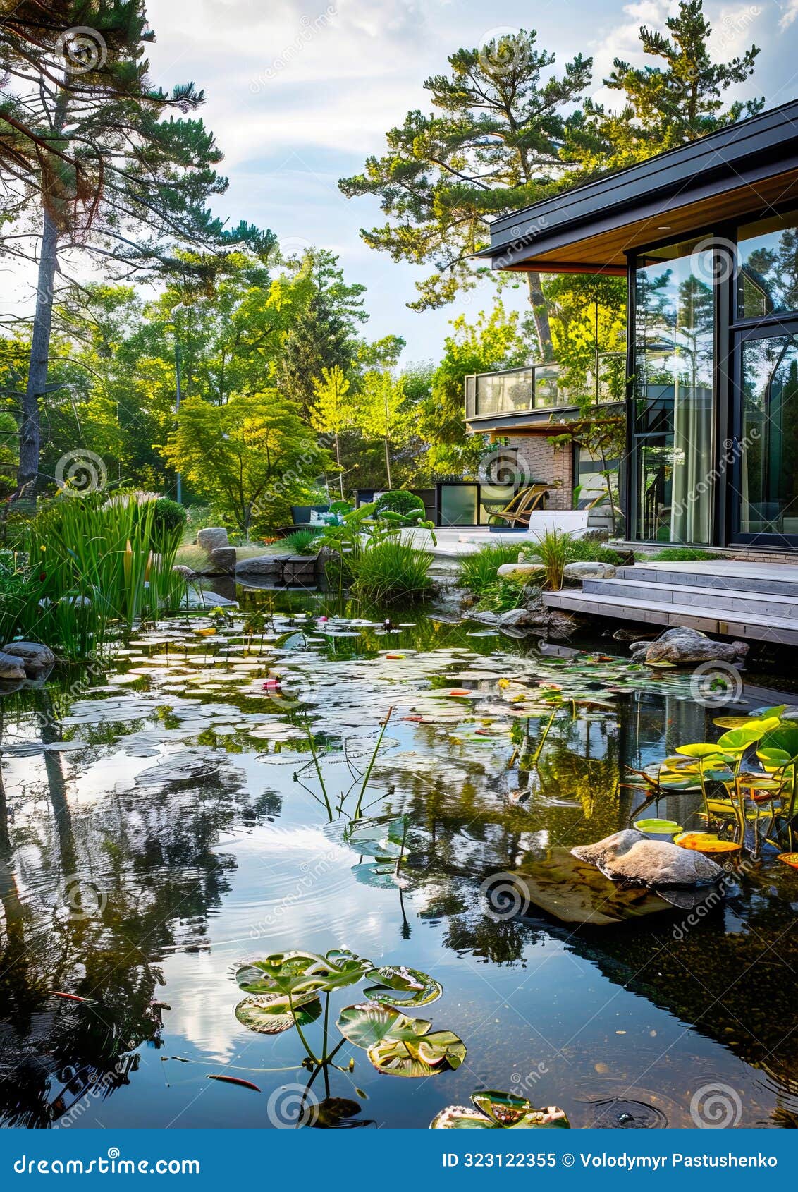 A Modern House with a Pond and Water Lilies Stock Image - Image of ...