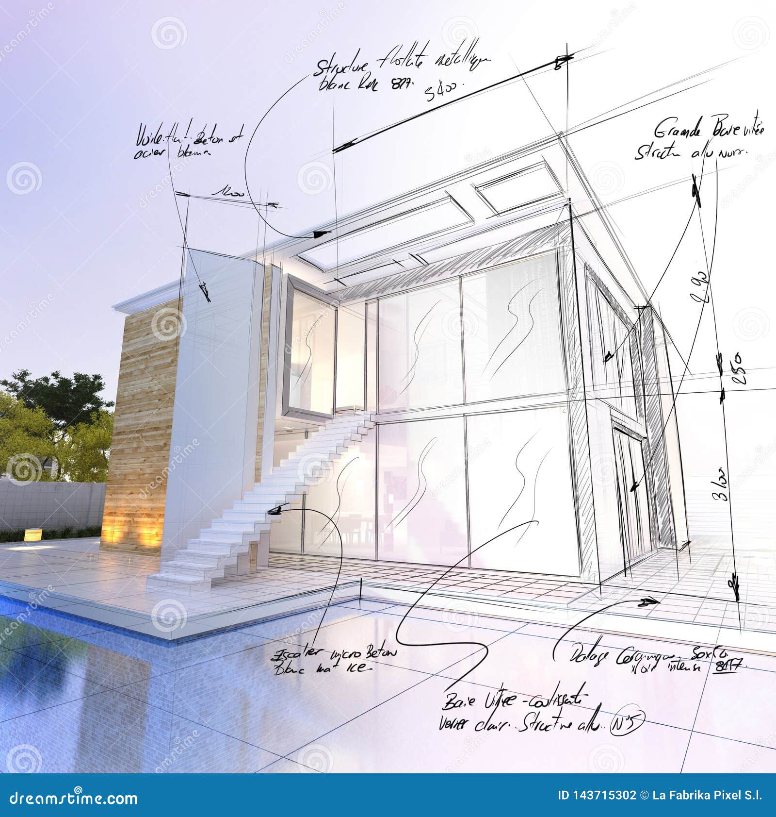 Modern House with Pool Architecture Project Draft Stock Illustration ...