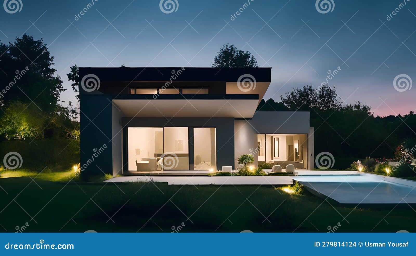 A Modern House with a Pool at Night Stock Illustration - Illustration ...