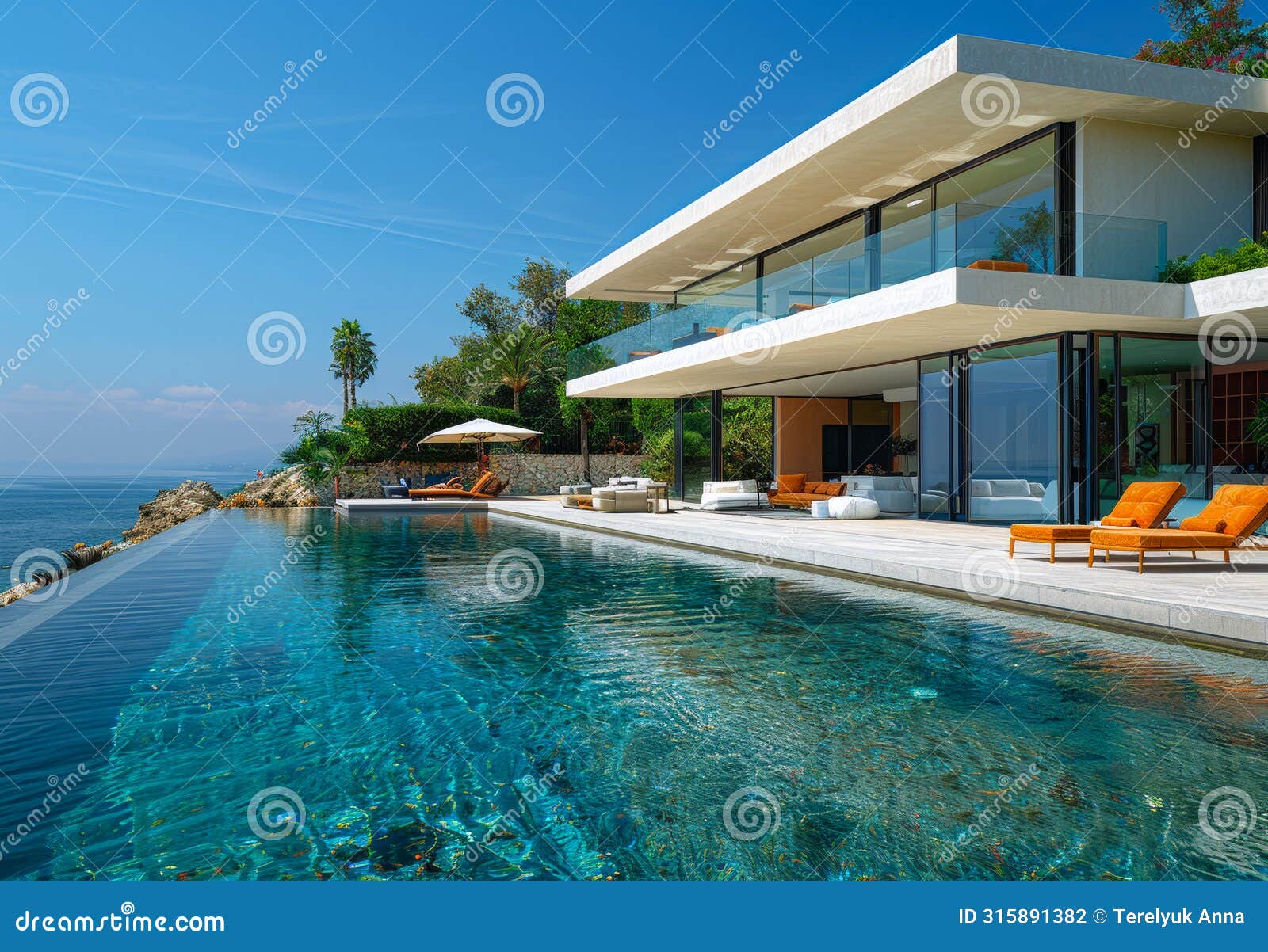 Modern House with Pool Sea View from the Terrace Stock Photo - Image of ...