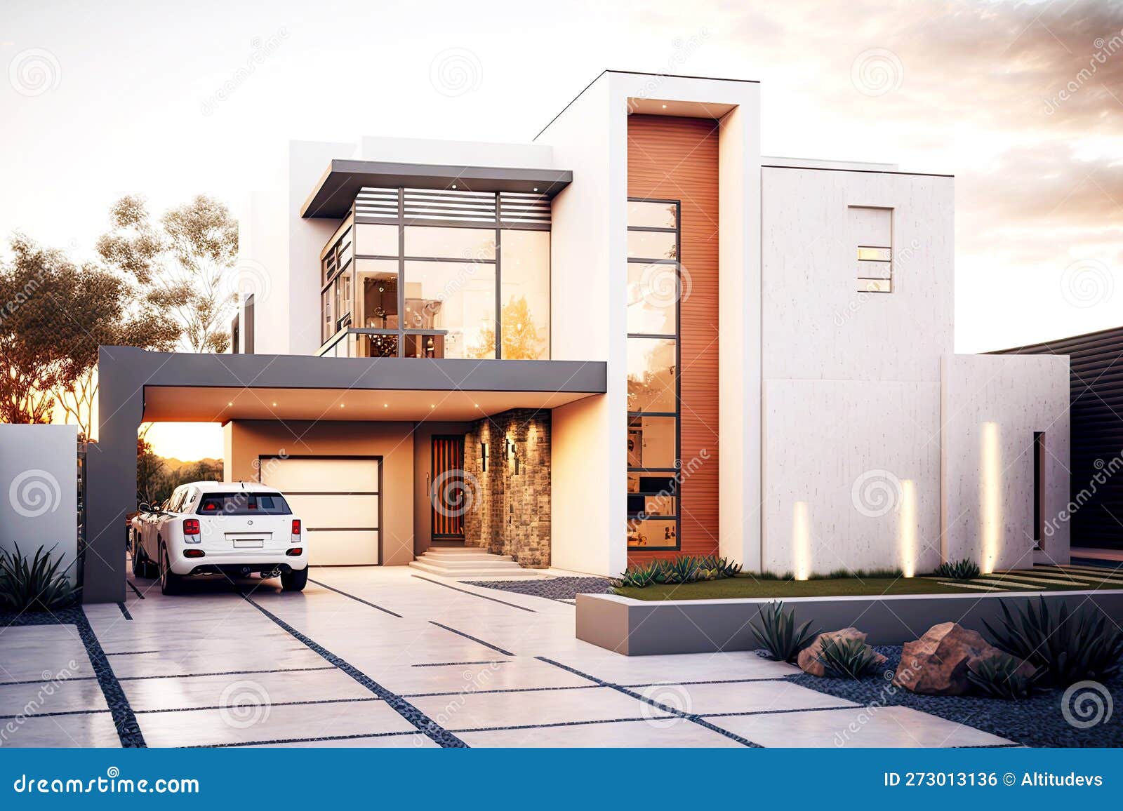 Modern House with Rectangular Roof, Light Finishes and Spacious Garage ...