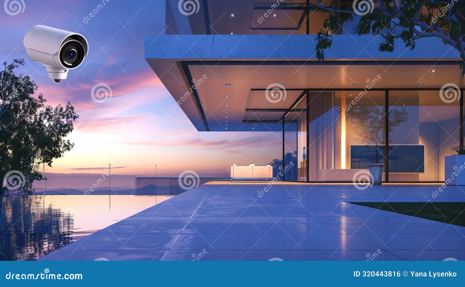 Modern House with Security Camera at Sunset. Contemporary Home ...