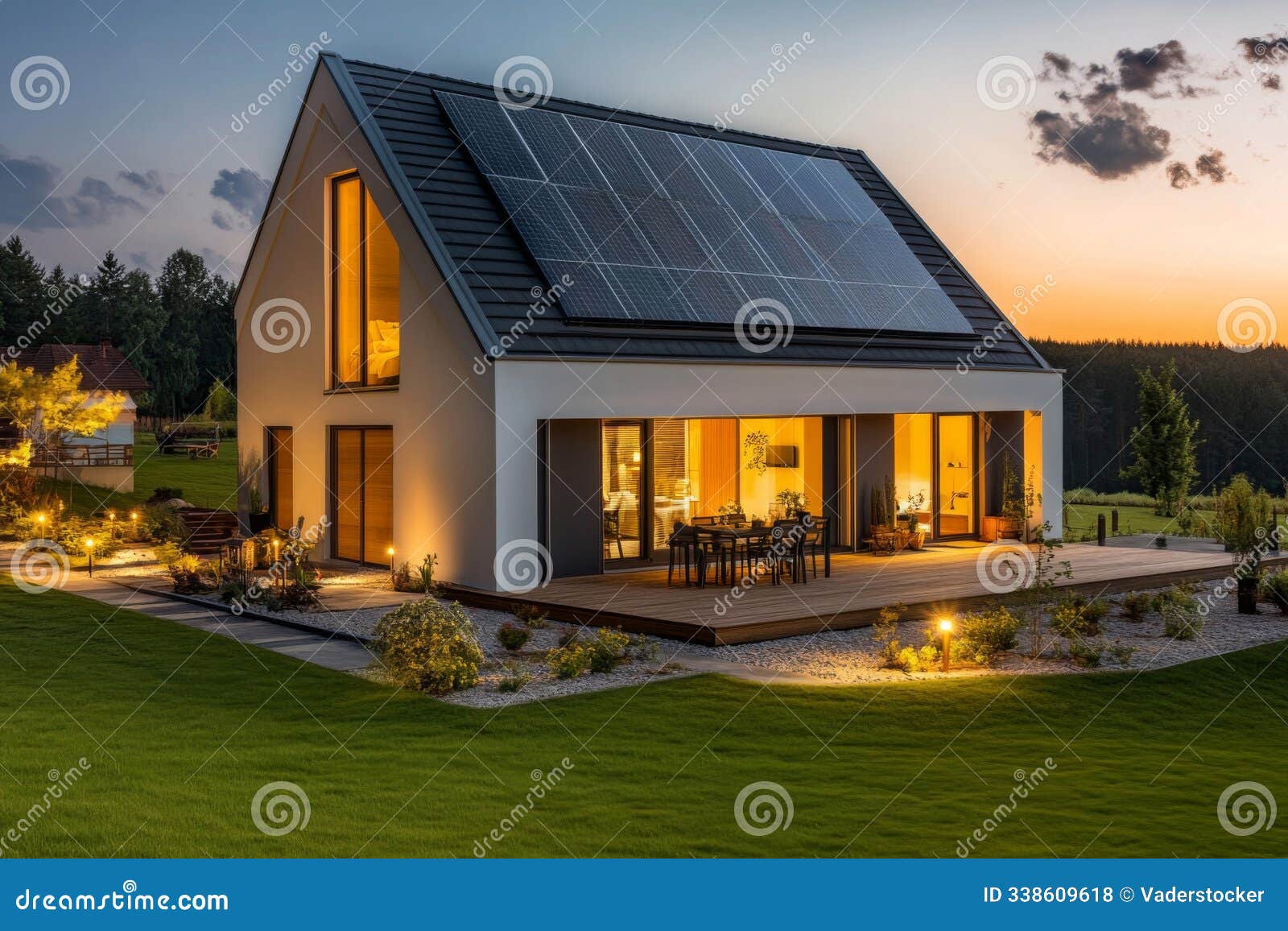 Modern House with Solar Panels and Evening Lighting Stock Illustration ...