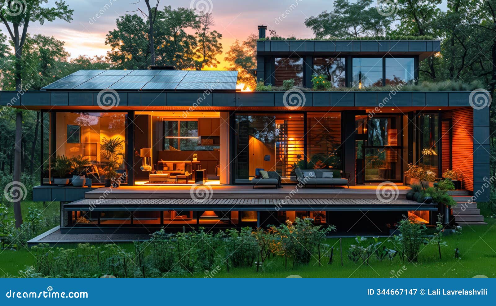 Modern House with Solar Panels on the Roof in Forest Stock Illustration ...