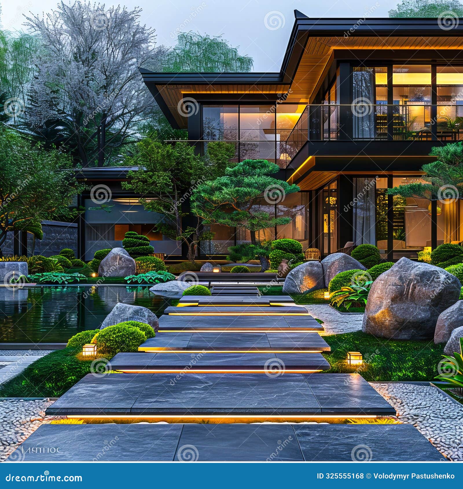 A Modern House with a Stone Path and Water Stock Photo - Image of ...
