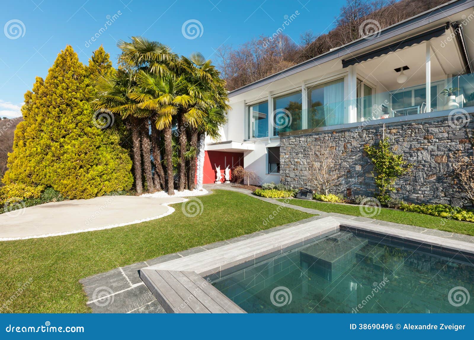 Modern House with Swimming Pool Stock Photo - Image of stone ...