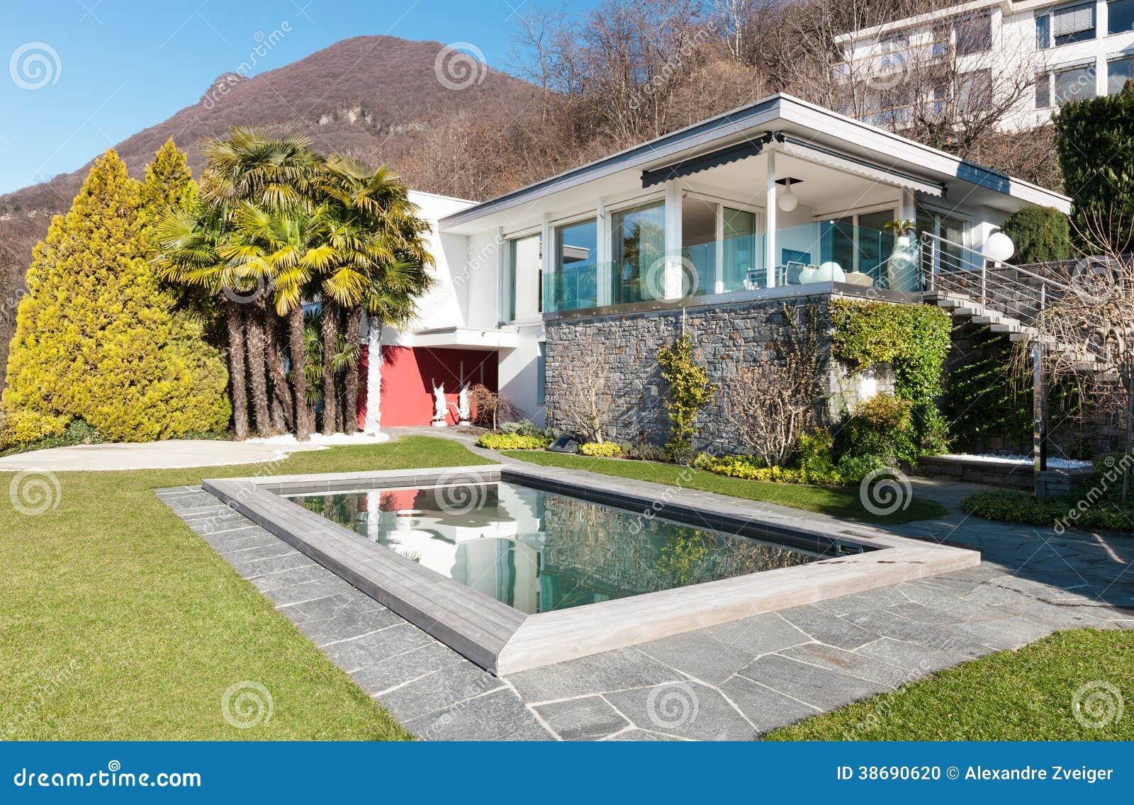 Modern House with Swimming Pool Stock Photo - Image of stone, swimming ...