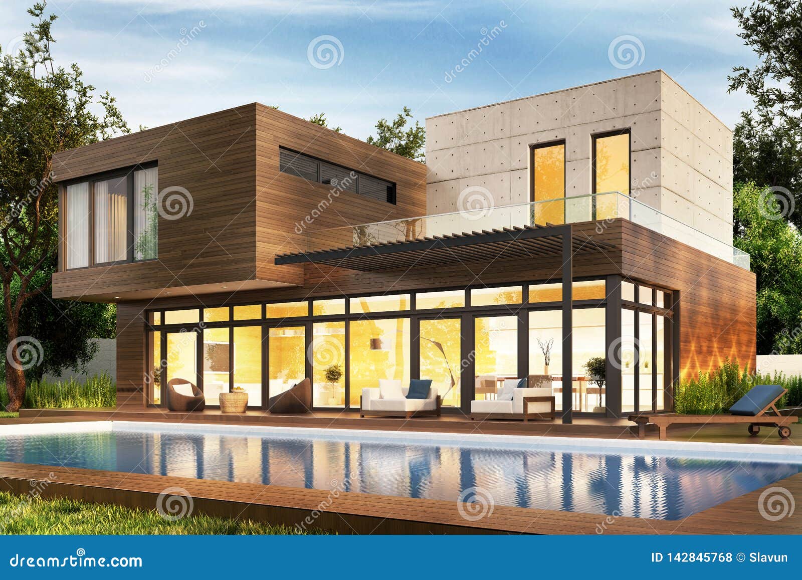 Modern House and Swimming Pool. Evening View Stock Illustration ...