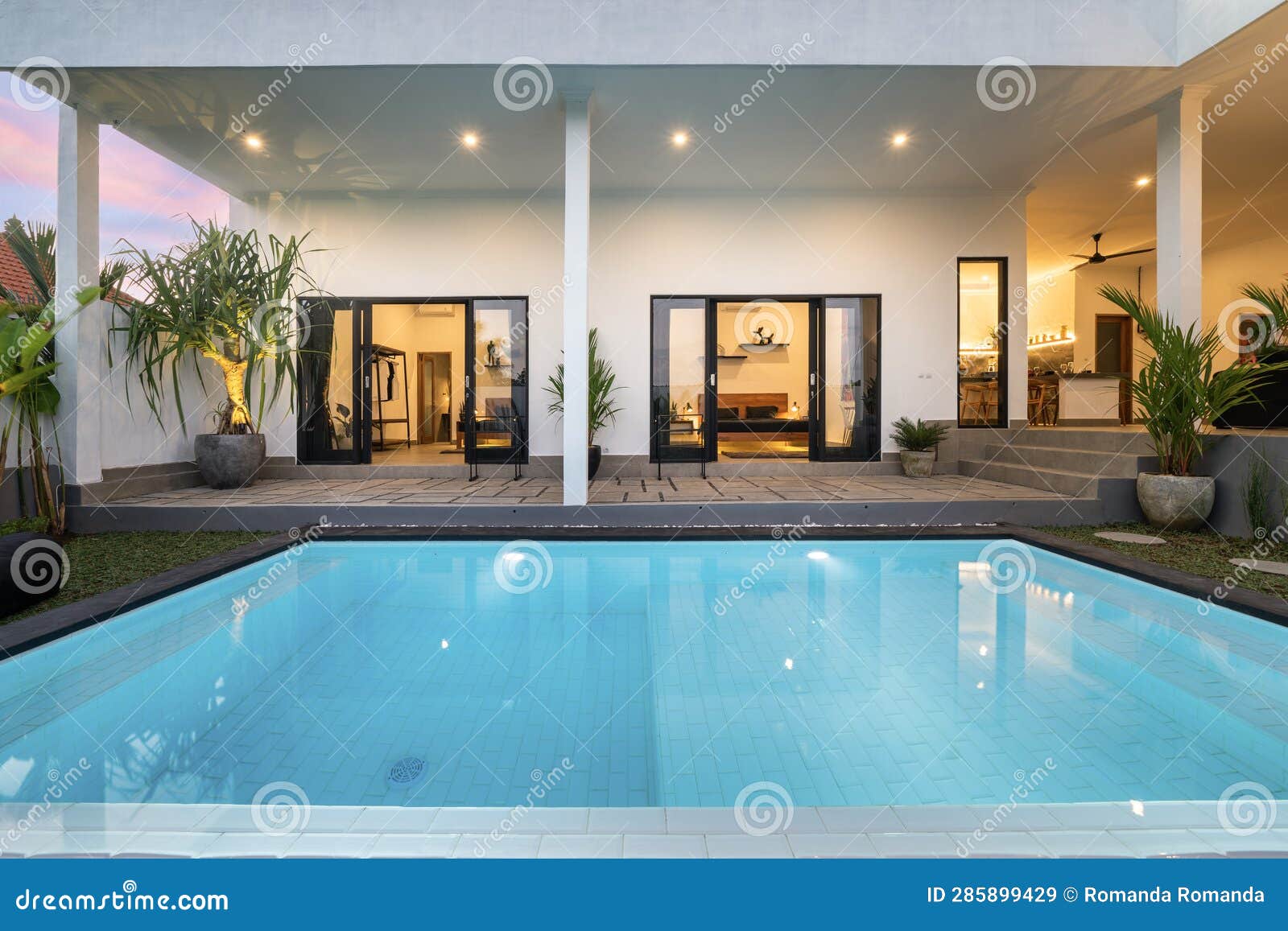 Modern House with Swimming Pool at Night Stock Image - Image of ...