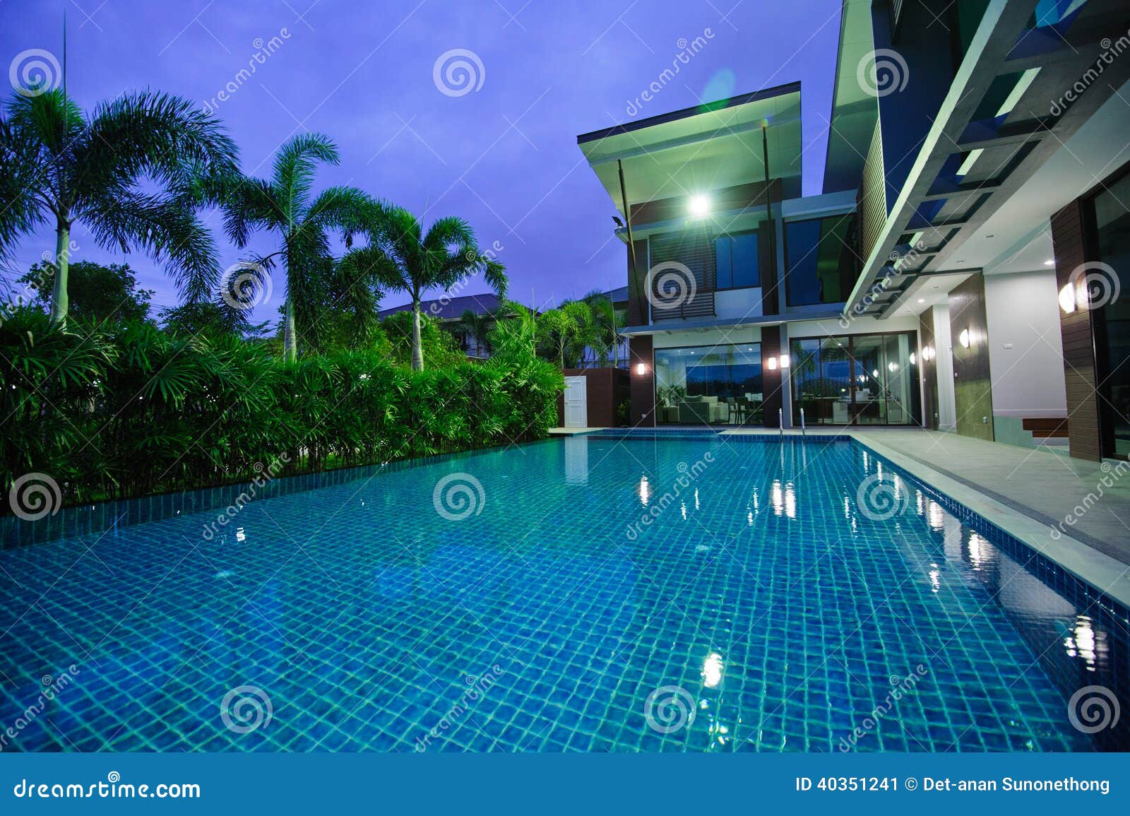 Modern House with Swimming Pool at Night Stock Image - Image of ...