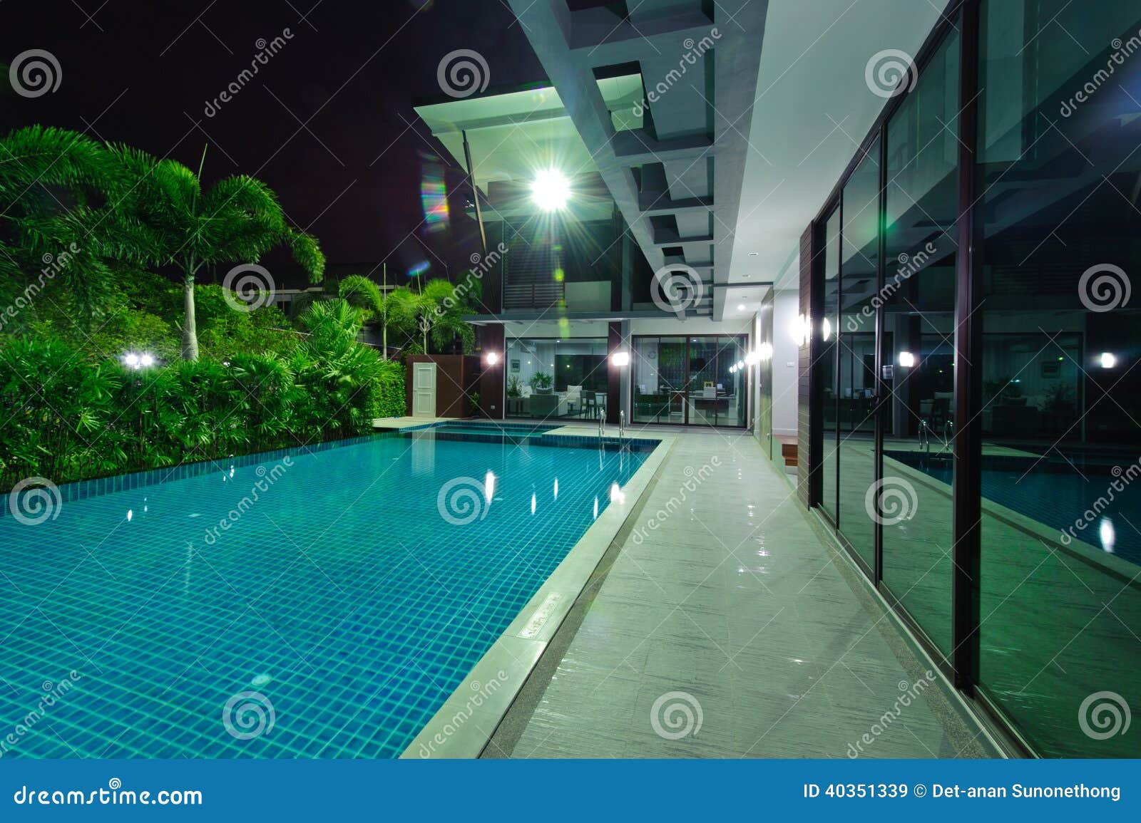 Modern House with Swimming Pool at Night Stock Image - Image of real ...