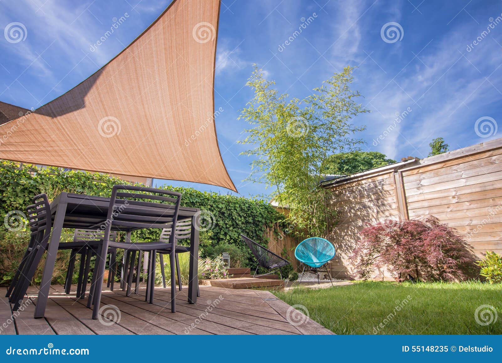 Modern House Terrace in Summer with Shade Sail Stock Image - Image of ...