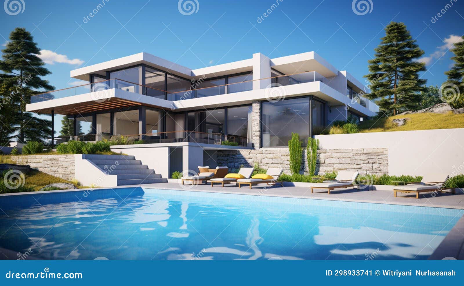 Modern House with Terrace and a Swimming Pool. Generative Ai Stock ...