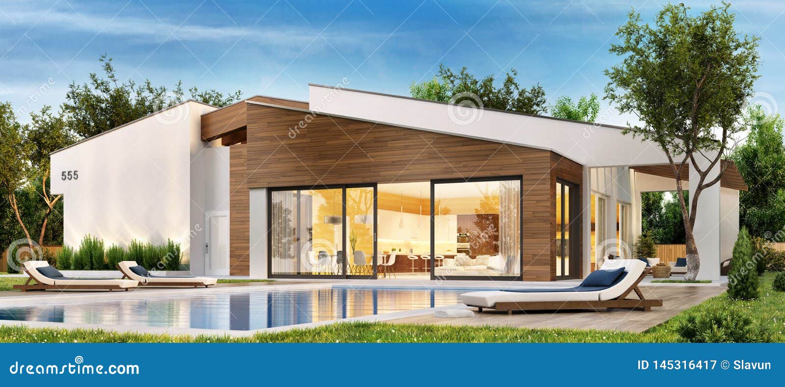 Modern House with Large Terrace and Swimming Pool Stock Image - Image ...