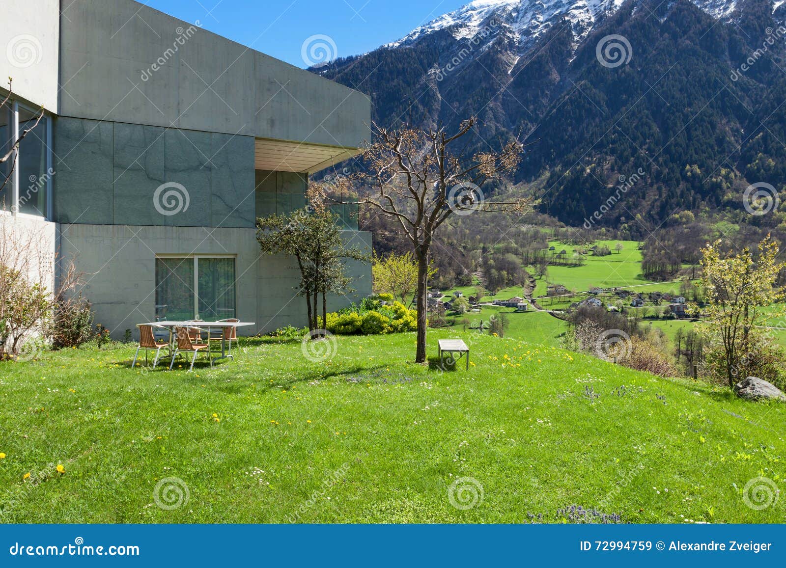 Modern House View from the Meadow Stock Image - Image of cement, green ...